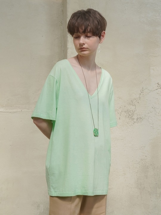 Pigment Washing Cotton VT-Shirt, Yellow Green - 하고(HAGO)