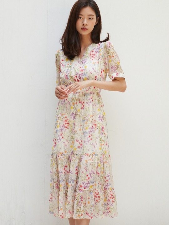 V LONG FRILL ONE-PIECE HALF SLEEVE FLOWER GARDEN CHIFFON WHITE - HAGO(하고)