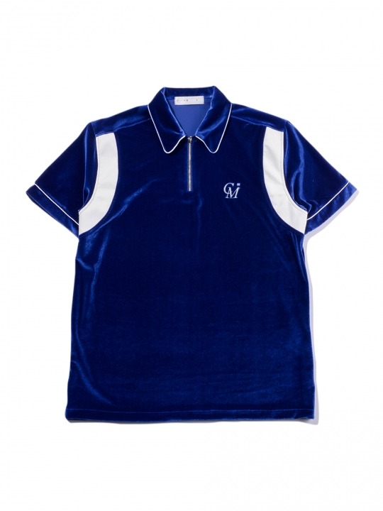 [UNISEX] Leather-Trimmed Velour Zip Polo (Blue) - 하고(HAGO)