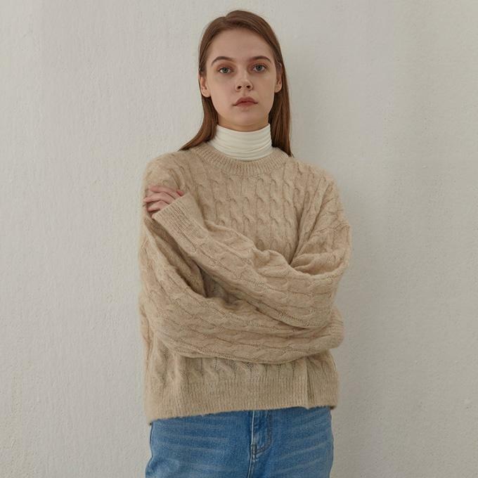 WOOL ROUND CABLE KNIT BEIGE - HAGO(하고)