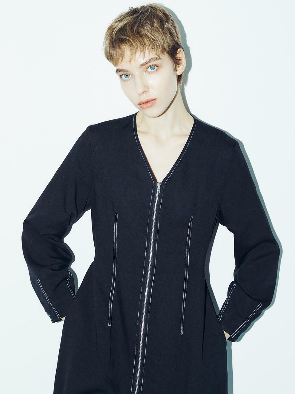 Zip-Up Stitch Dress - Black - HAGO(하고)