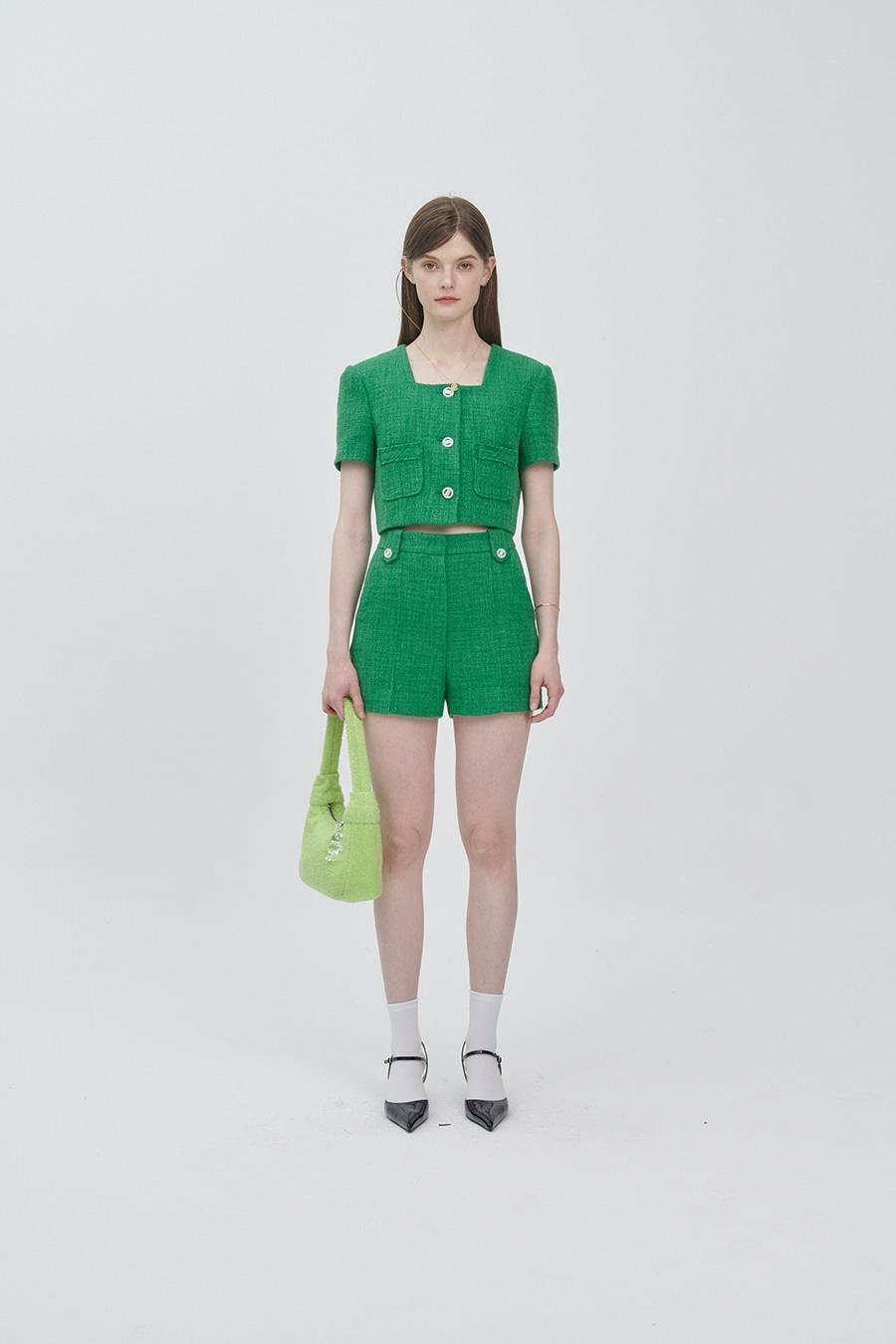 Tweed cropped tailored square neck jacket - Green - HAGO(하고)