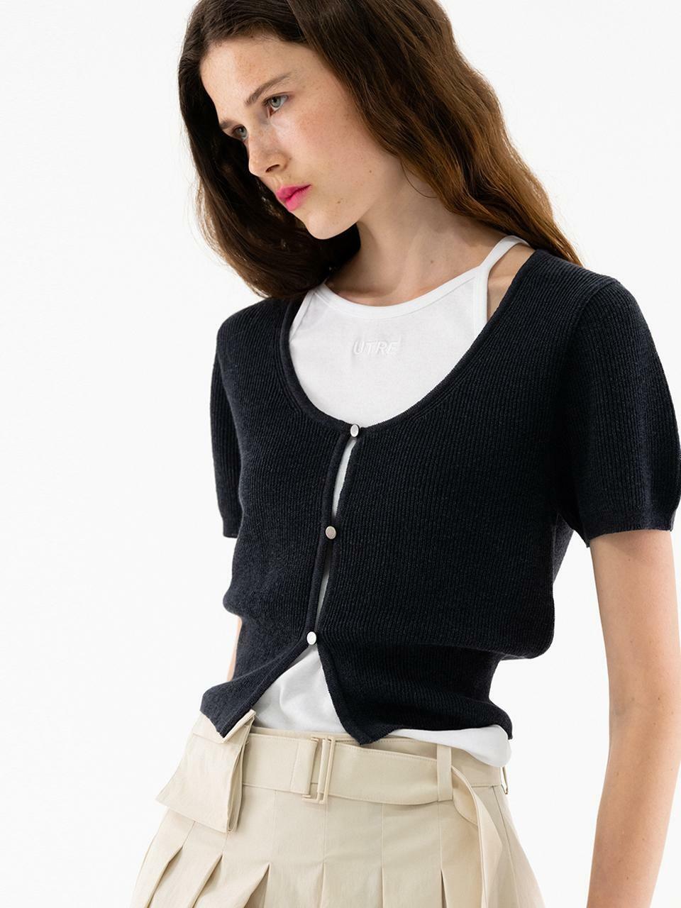 Linen Crop Cardigan_Charcoal - HAGO(하고)