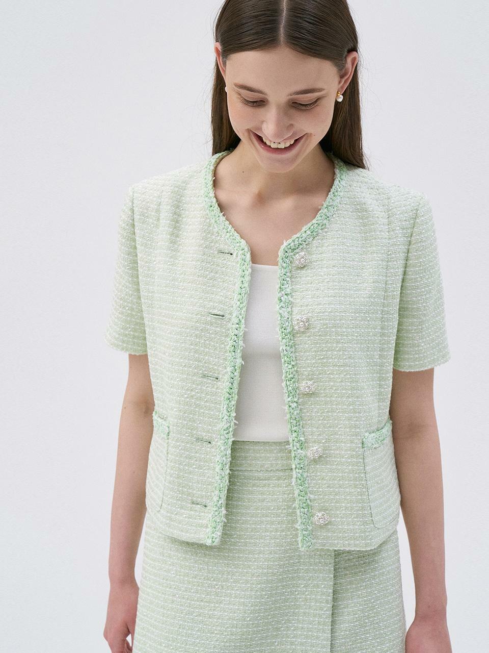 Half Sleeve Tweed Jacket-Light Green - HAGO(하고)