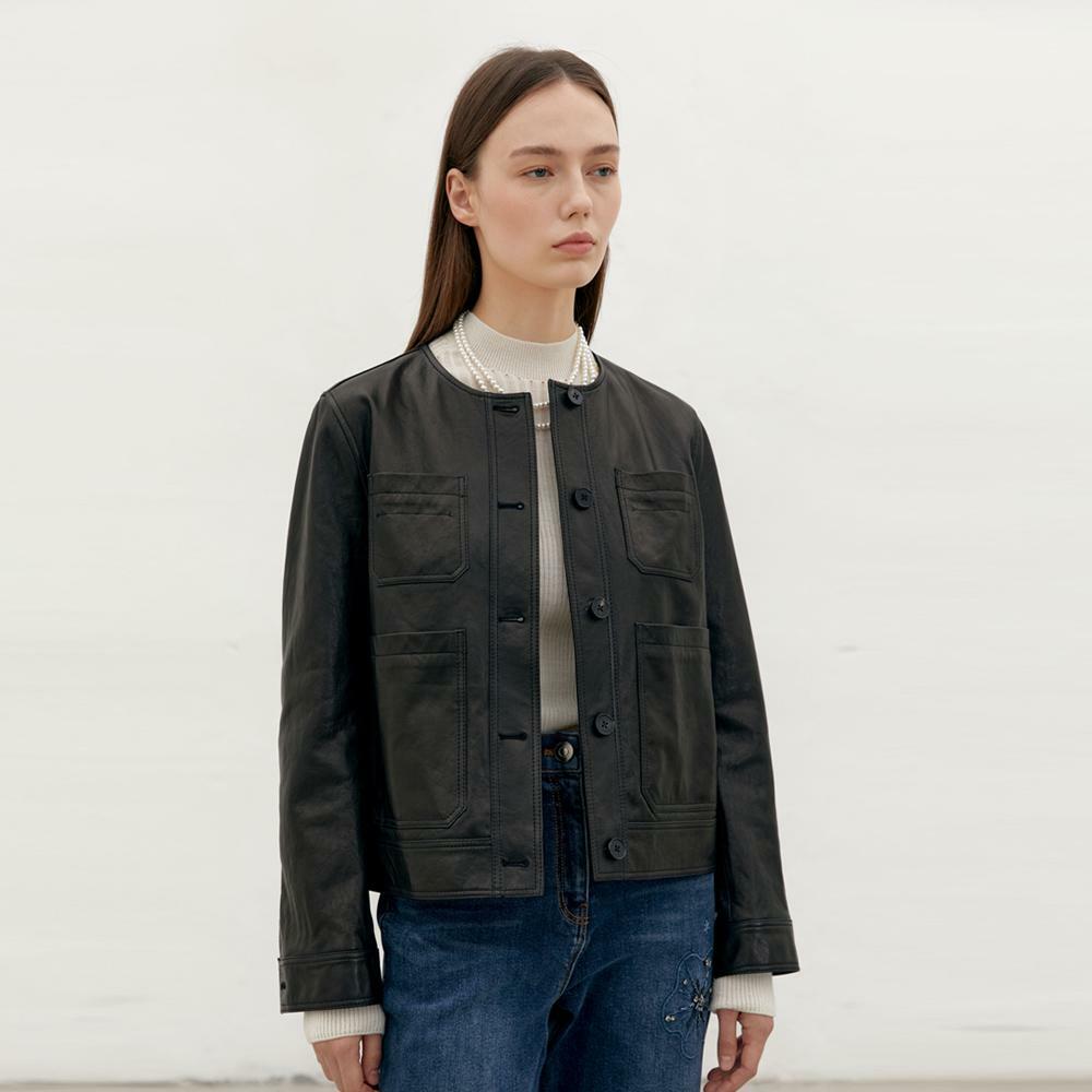 [BLACK LABEL] Collarless basic vegetable sheepskin jacket M2C904BK - HAGO(하고)