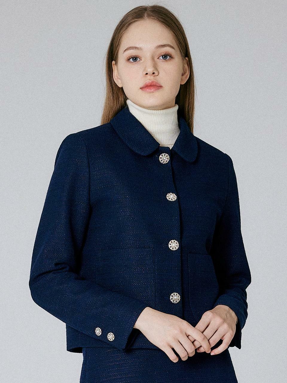 DETACHABLE COLLAR SHORT JACKET TWEED NAVY - HAGO(하고)