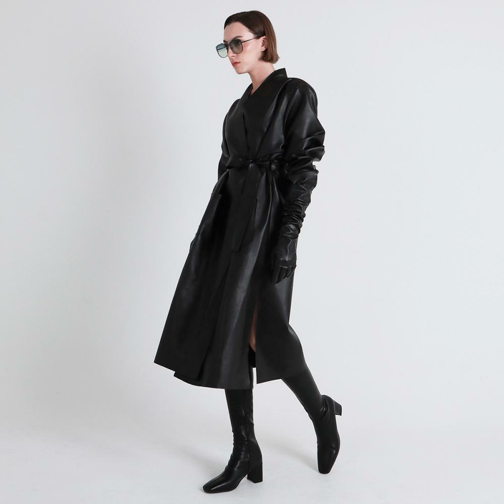 [당일출고] Eco Leather Robe Loose Fit Trench Coat_BLACK - HAGO(하고)