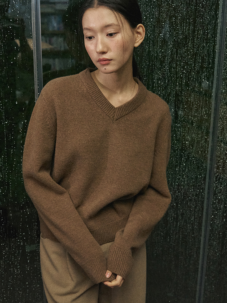 Merino wool loose-fit V neck knit (BROWN) - HAGO(하고)