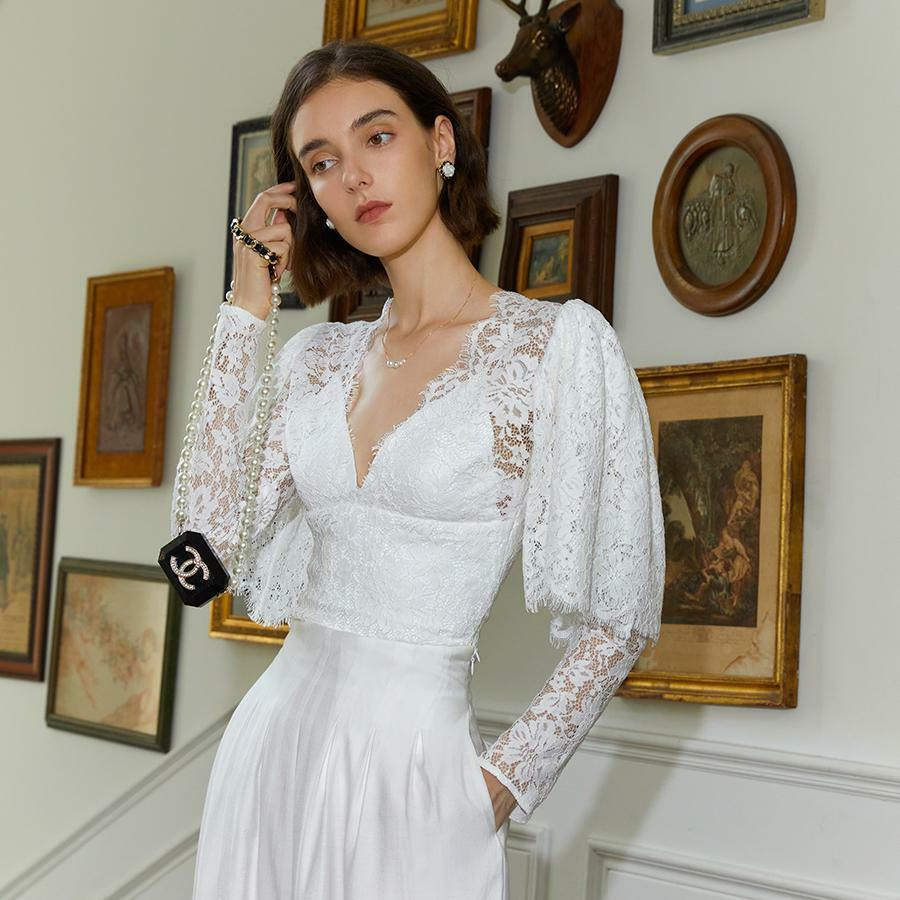 YY_overlap sleeve flower jacquard lace top - HAGO(하고)