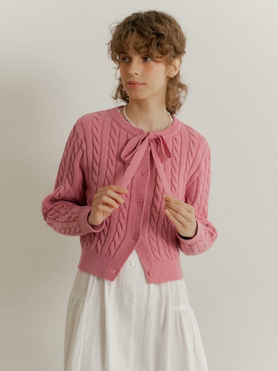 A RIBBON CABLE KNIT CARDIGAN_PINK - HAGO(하고)