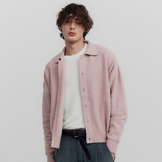WOOL CASH COLLAR KNIT CARDIGAN (PALE PINK) - HAGO(하고)