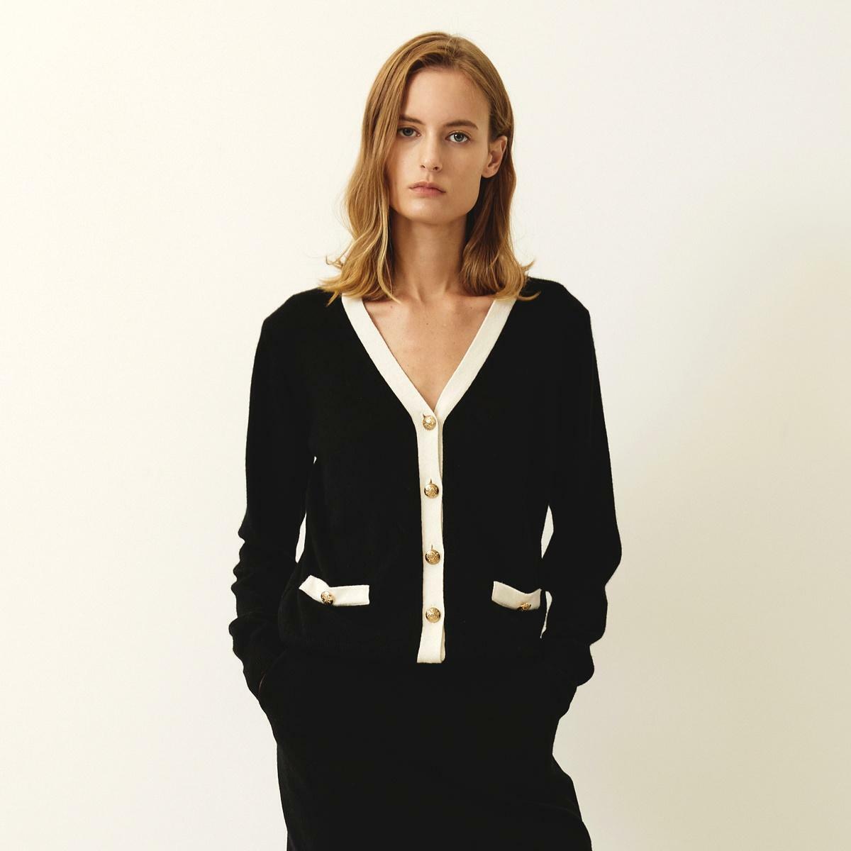 Cashmere 100% Line Point Cardigan Black - HAGO(하고)