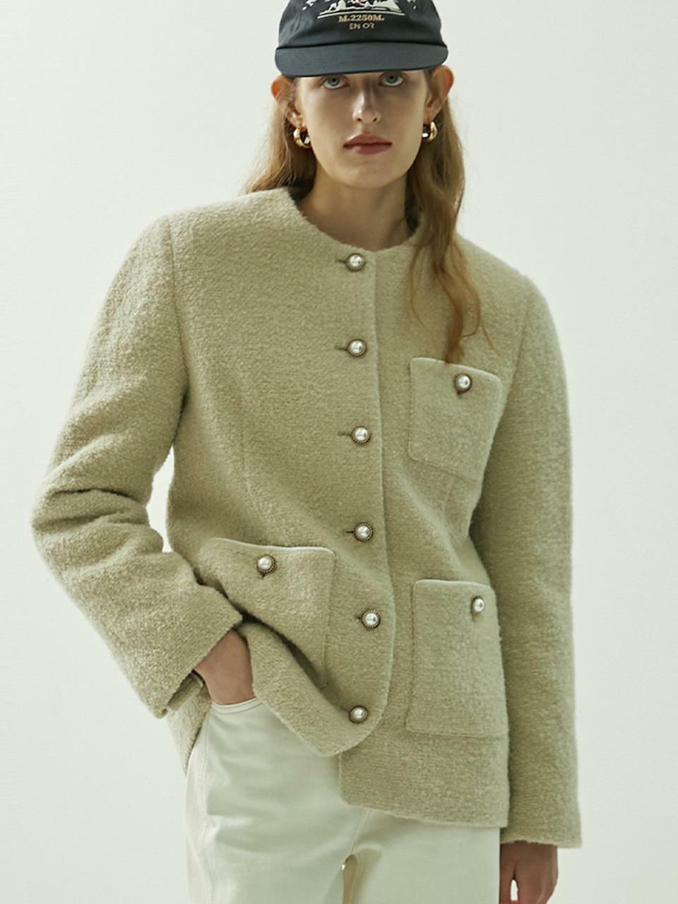 TWEED ROUND NECK JACKET - BEIGE - HAGO(하고)