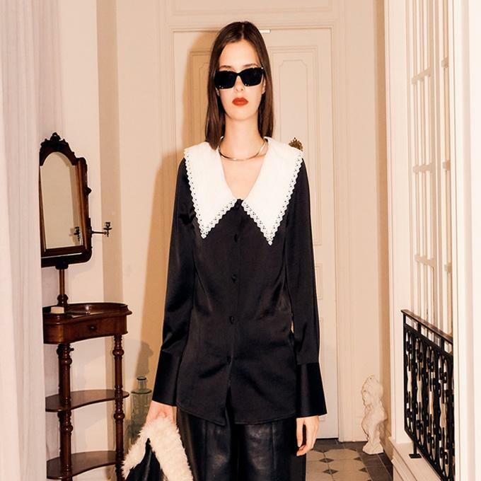 Big collar rrace combi blouse (BLACK) - HAGO(하고)
