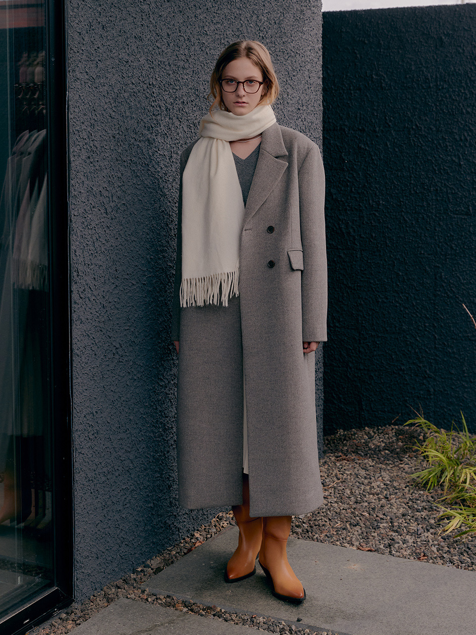 BASIC COLLAR LONG DOUBLE COAT(GRAY HERRINGBONE) - 하고(HAGO)