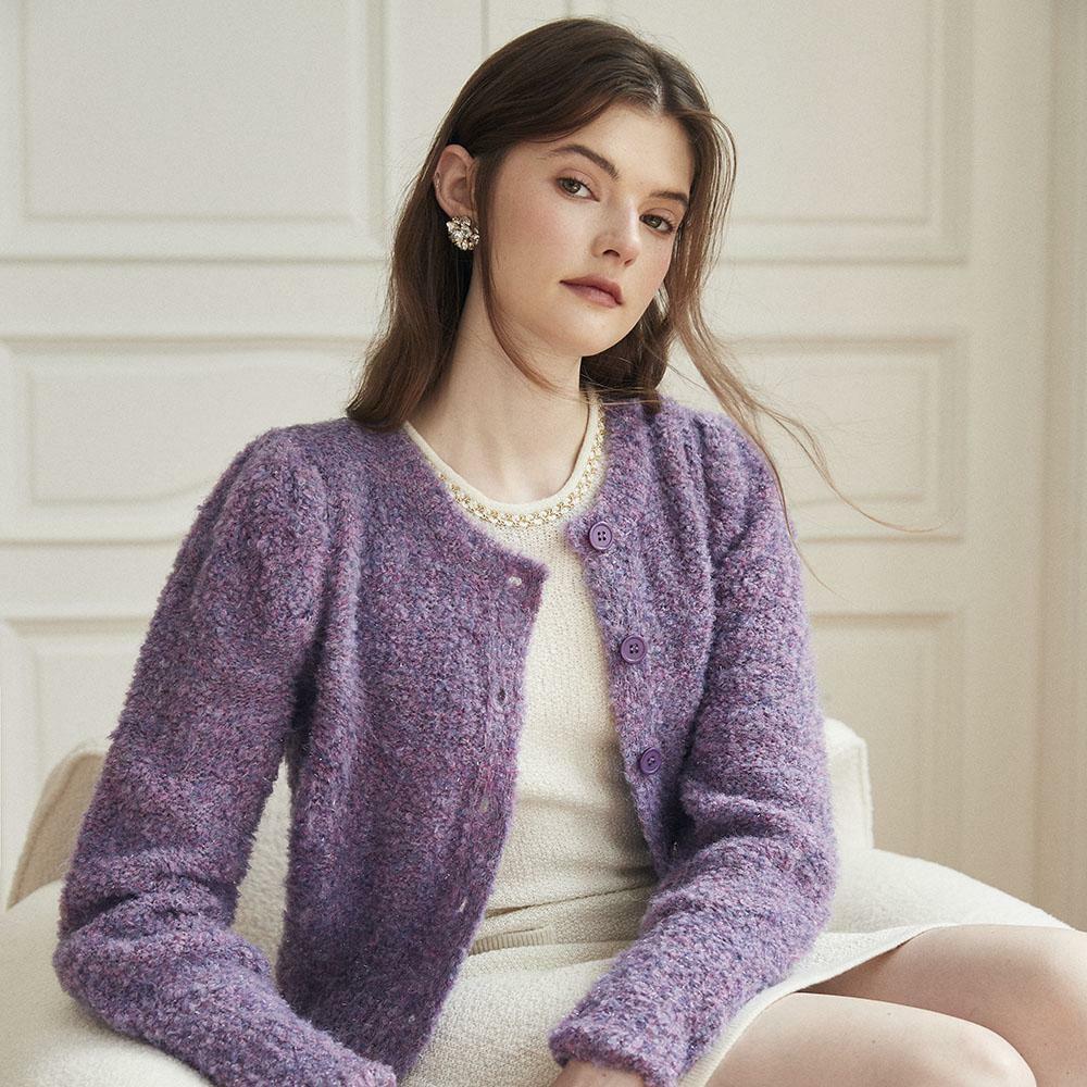 OZ_Floral yam wool round neck clip cardigan_PURPLE - 하고