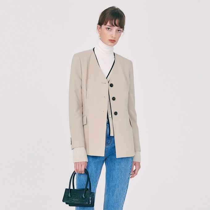 Wool Collarless Jacket - Sand beige - HAGO(하고)