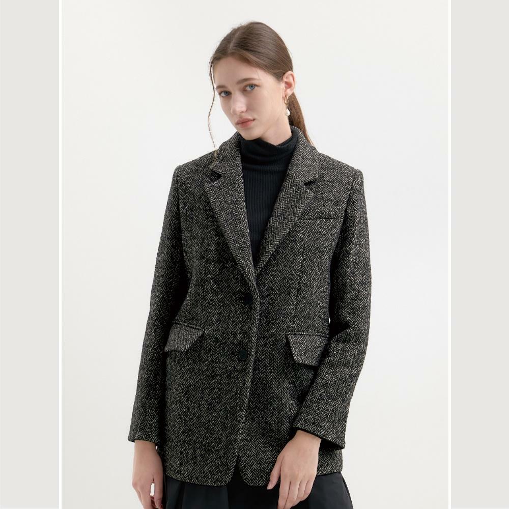 WOOL JACKET COAT-BLACK HERRINGBONE - 하고(HAGO)