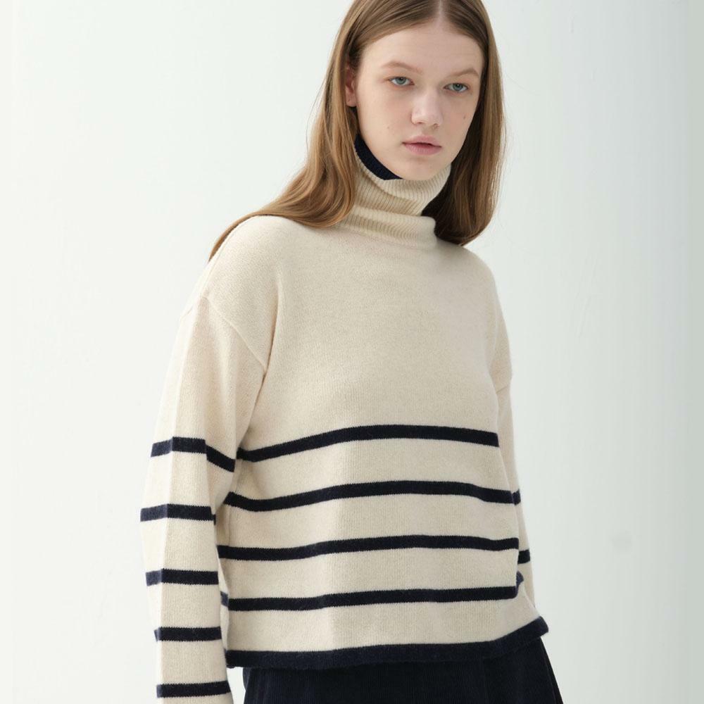 cashmere stripe crop turtleneck_navy - 하고(HAGO)
