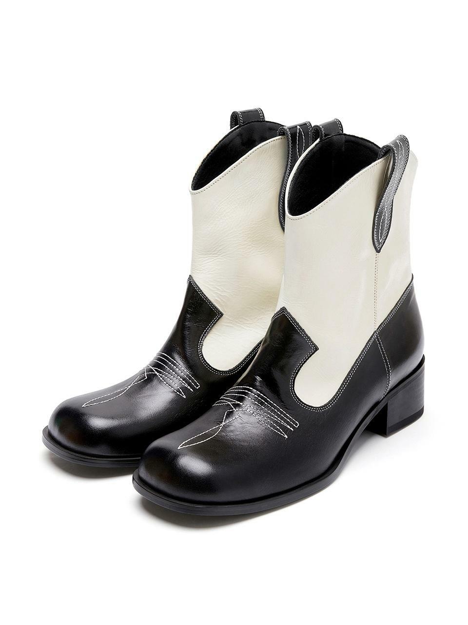 WESTERN ROUND SQUARE TOE MIDDLE BOOTS [BLACK] - HAGO(하고)