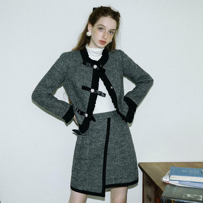 Cest_French Preppy tweed jacket and skirt set_DARK GRAY - 하고(HAGO)