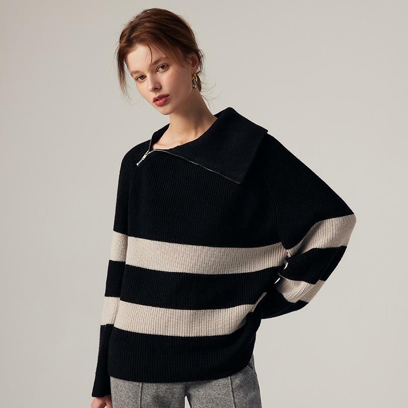 OZ_Diagonal zipper turtleneck striped sweater_BLACK - HAGO(하고)