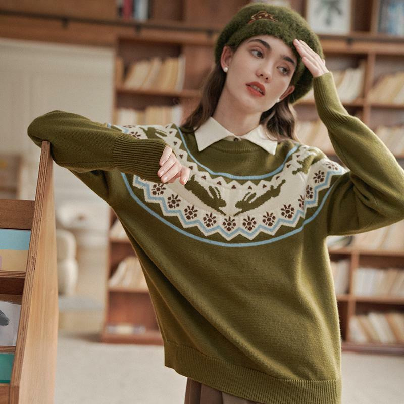 Rabbit Fair Isle Round Neck Knit Sweater - HAGO(하고)