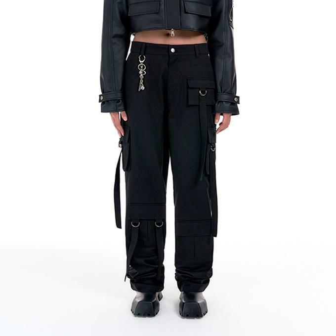 MULTI POCKET STRAP CARGO PANTS BLACK - HAGO(하고)