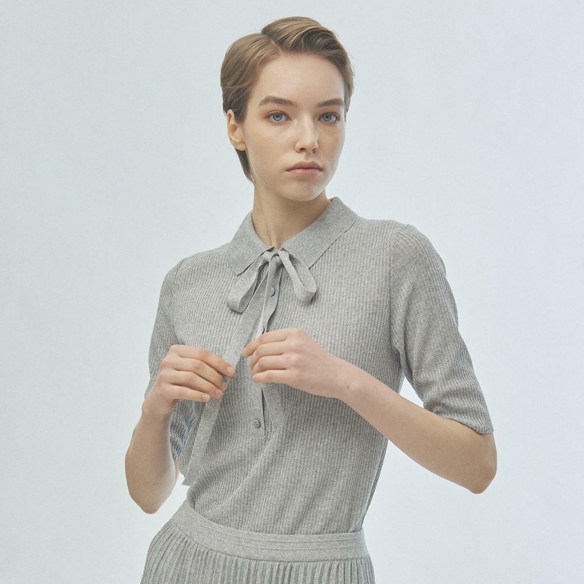 Button Collar Metal Knit Top Grey - 하고