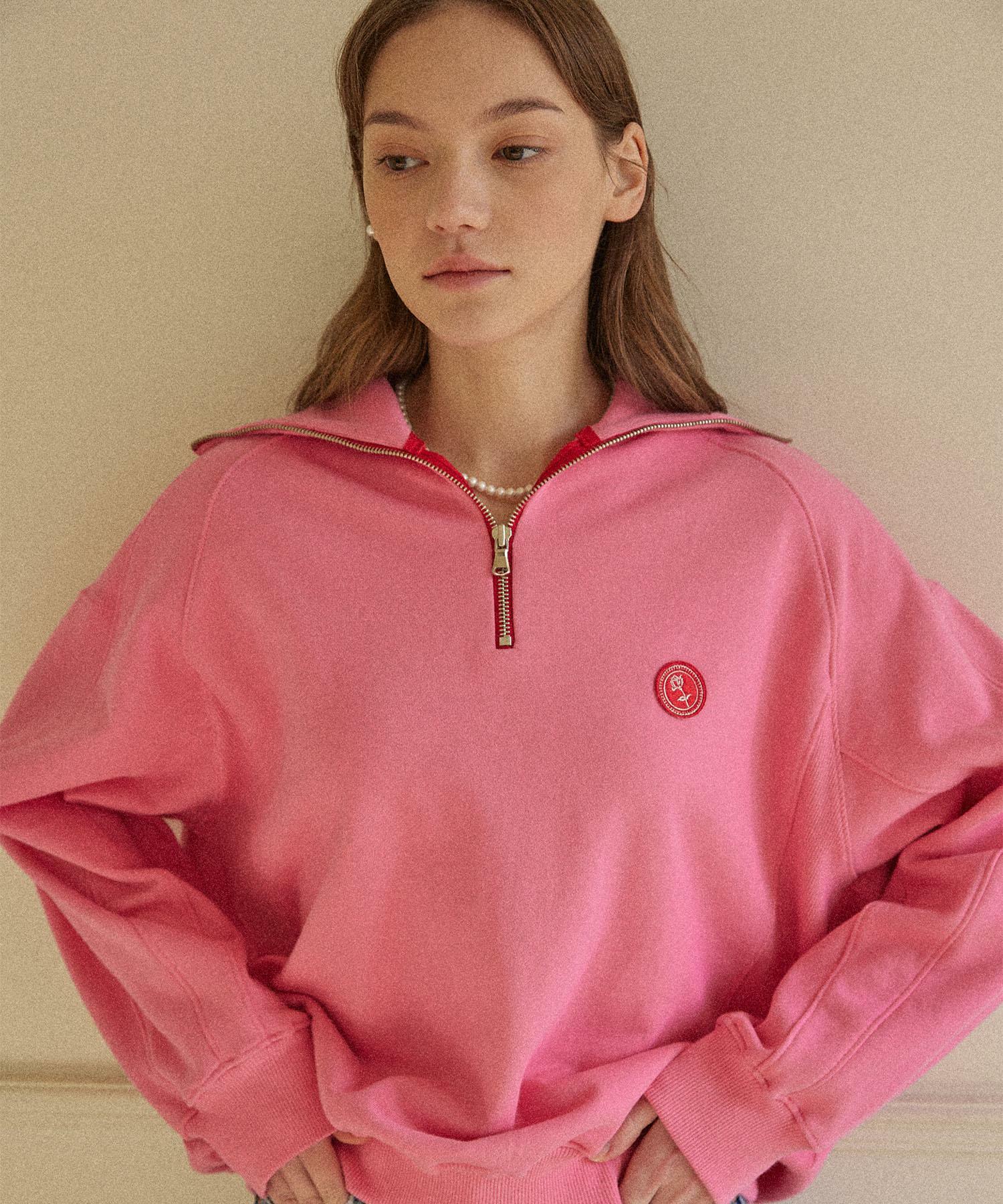 [23SS]Rose Wappen Rib Block Half Zip-up Sweatshirt - Pink - 하고