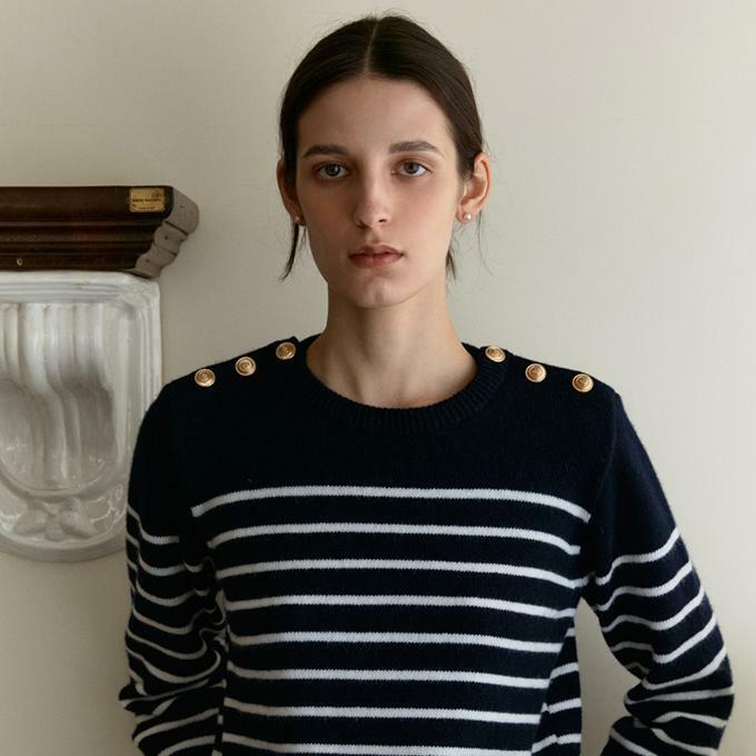 gold button stripe knit - navy/ivory stripe - HAGO(하고)