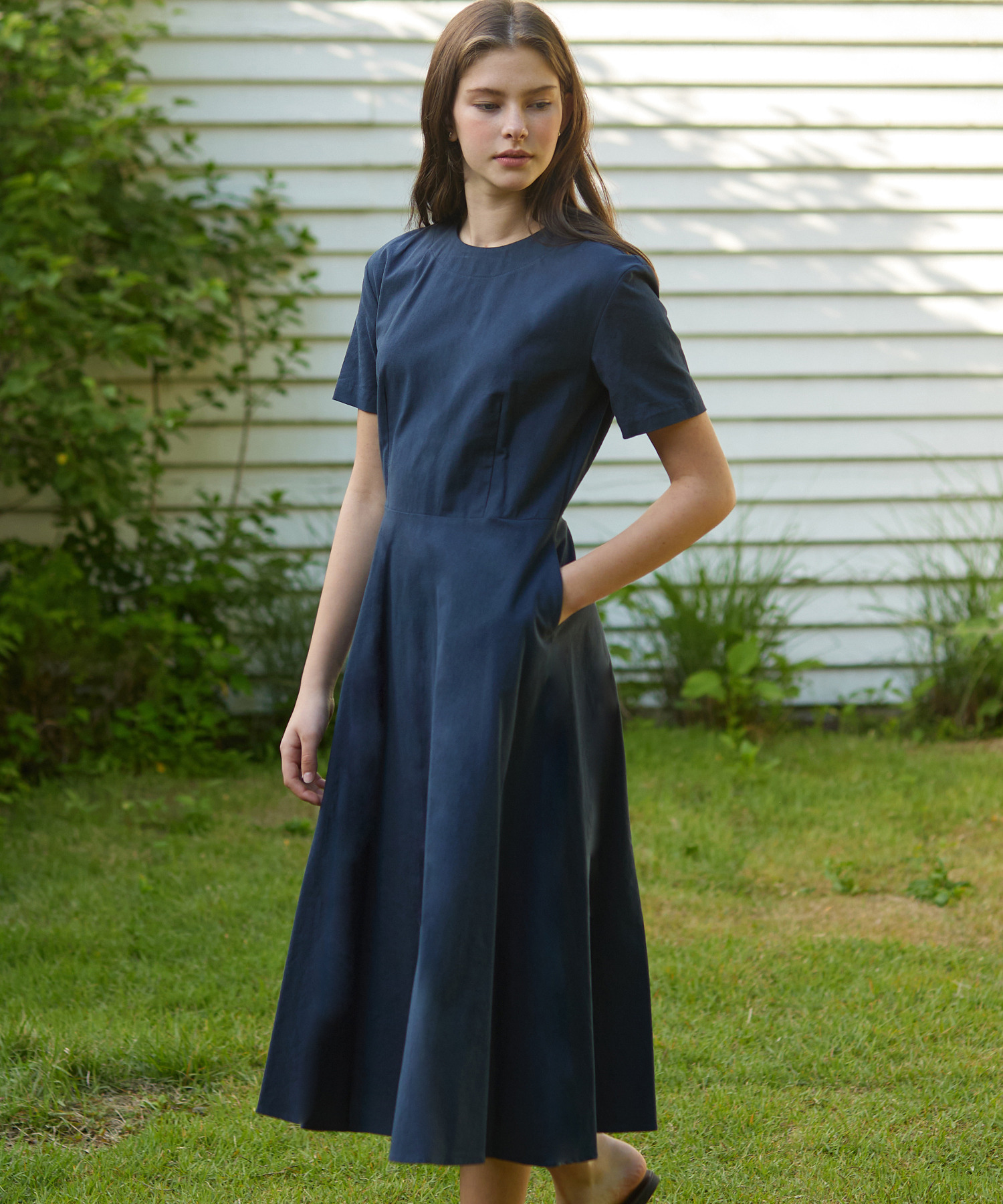 Linen Flared Dress - Navy - HAGO(하고)