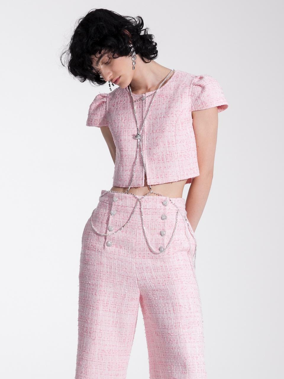 Pink tweed cropped cap sleeves jacket - 하고