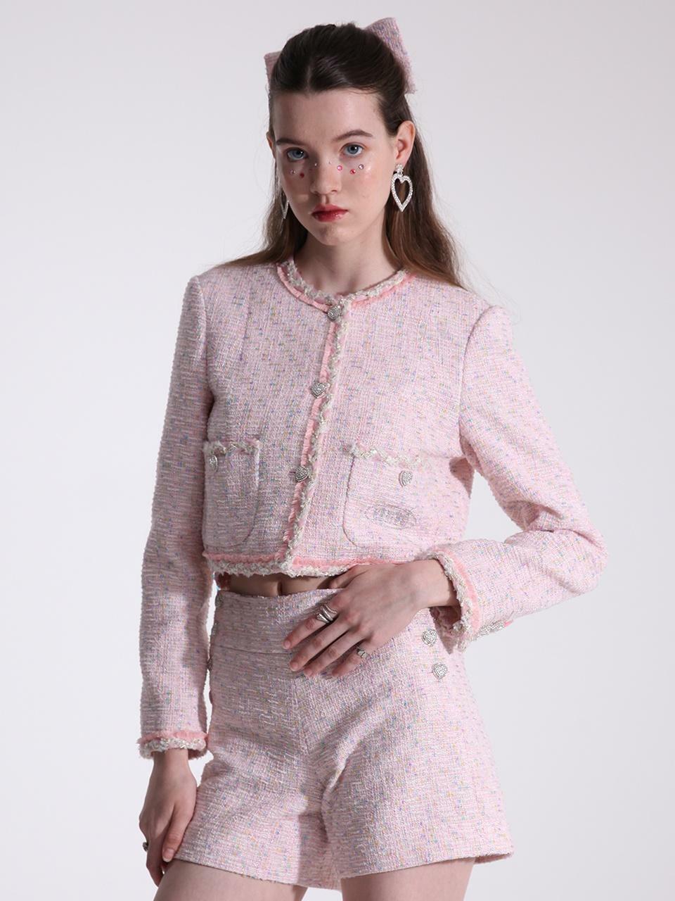 Light pink tweed cropped jacket with pocket logo - 하고