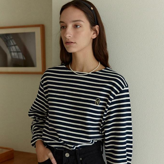 dpwd elbow patch stripe t shirts - navy/ivory stripe - HAGO(하고)