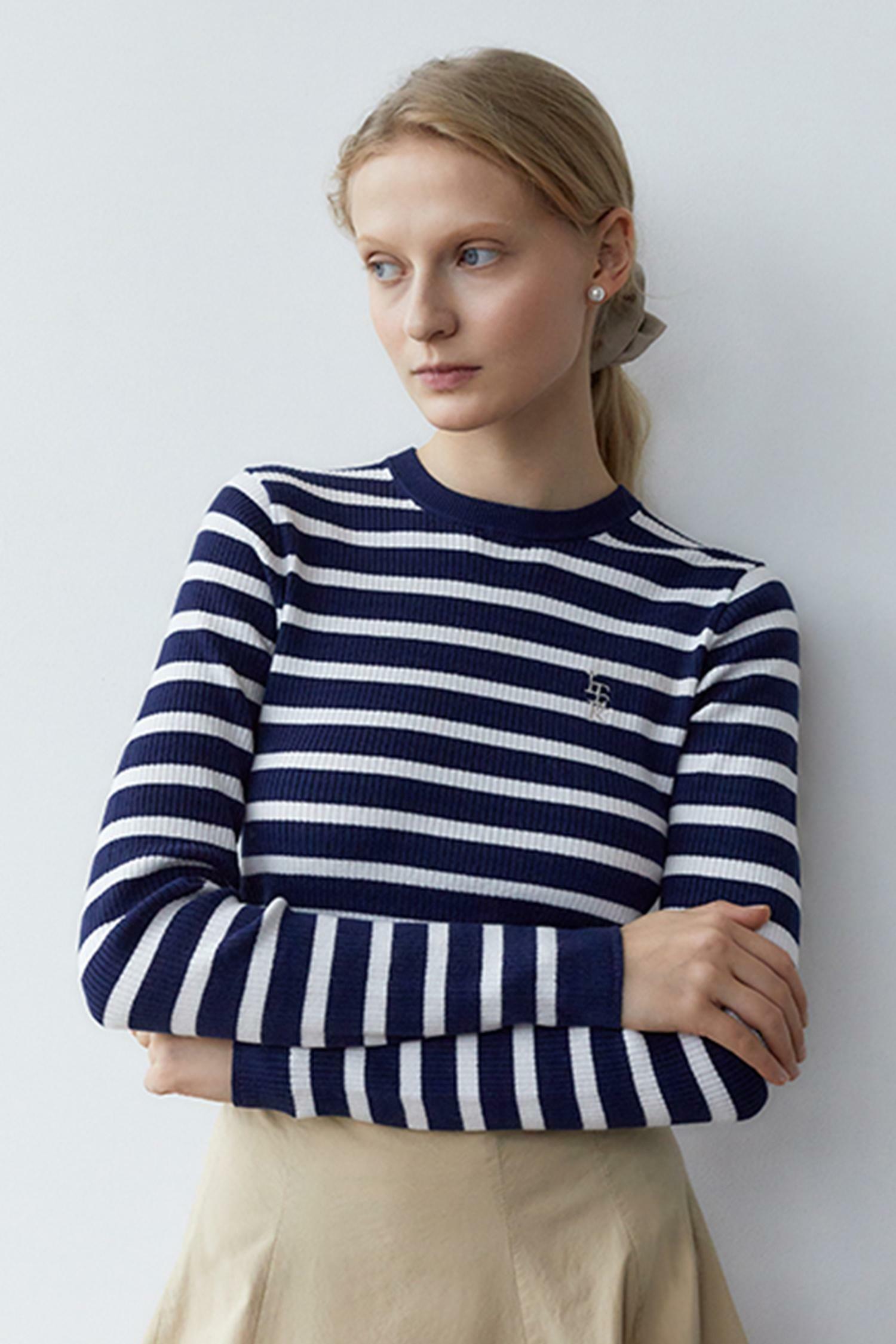 LOGO STRIPE LONG SLEEVE KNIT_NAVY - HAGO(하고)