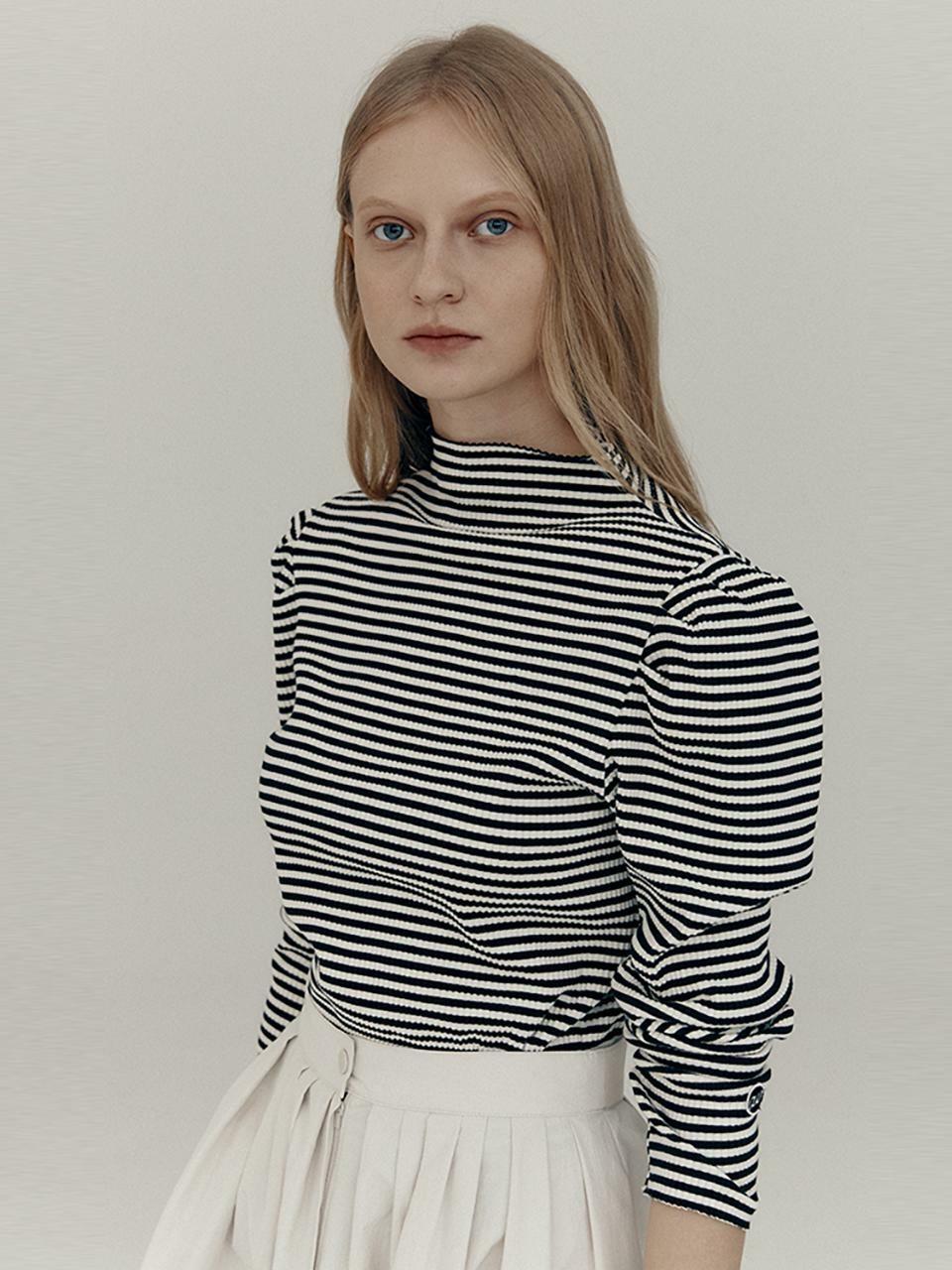 MOCK NECK STRIPE TOP_BLACK - HAGO(하고)