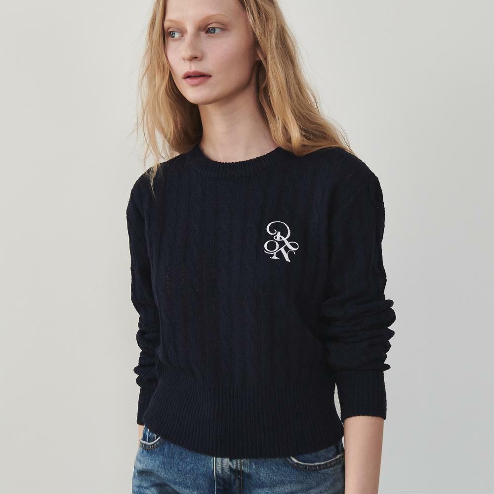 CABLE BOUCLE ROUND KNIT NAVY - 하고(HAGO)
