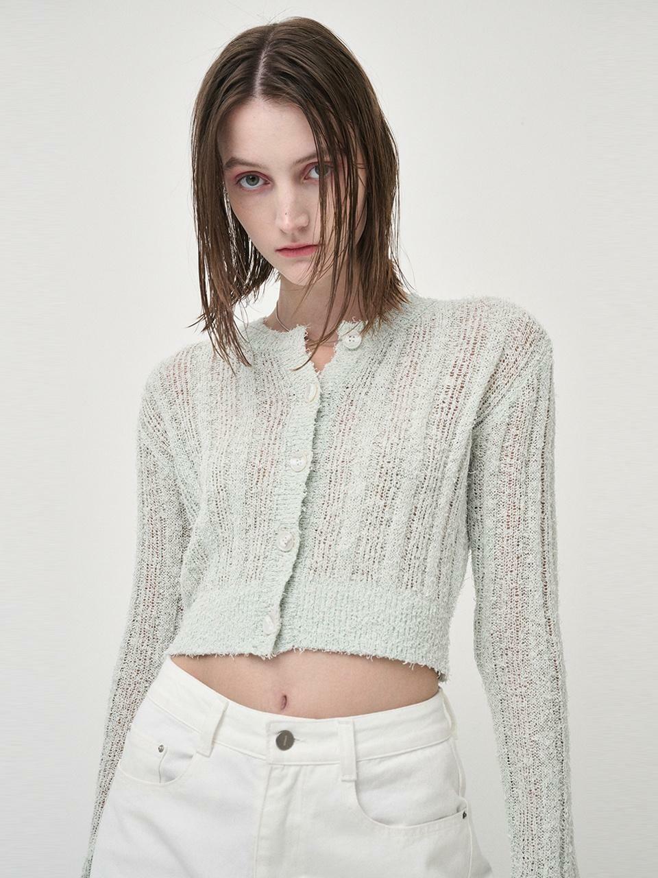 Tail Yarn Ribbed Knit Cardigan, Light Mint - HAGO(하고)