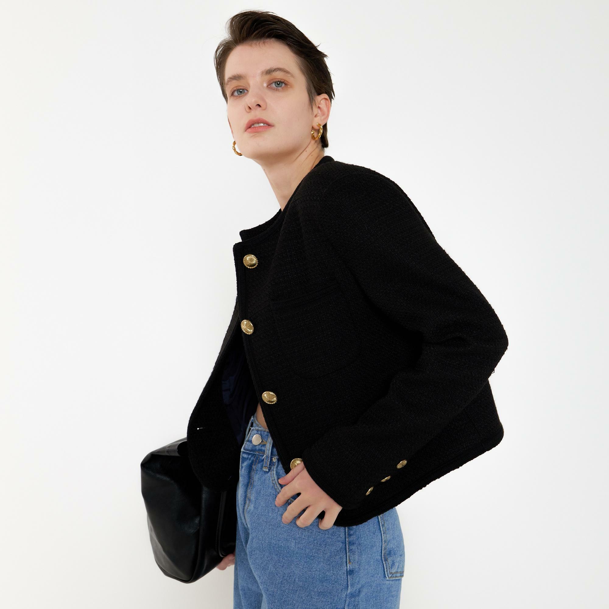 Champagne Round neck Tweed Short Jacket Black - 하고