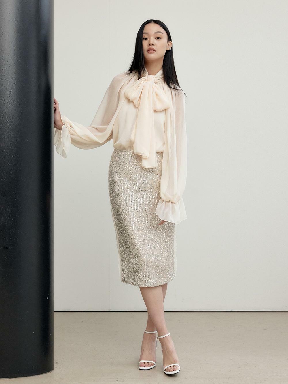 SPANGLE MIDI SKIRT - CHAMPAGNE BEIGE - HAGO(하고)