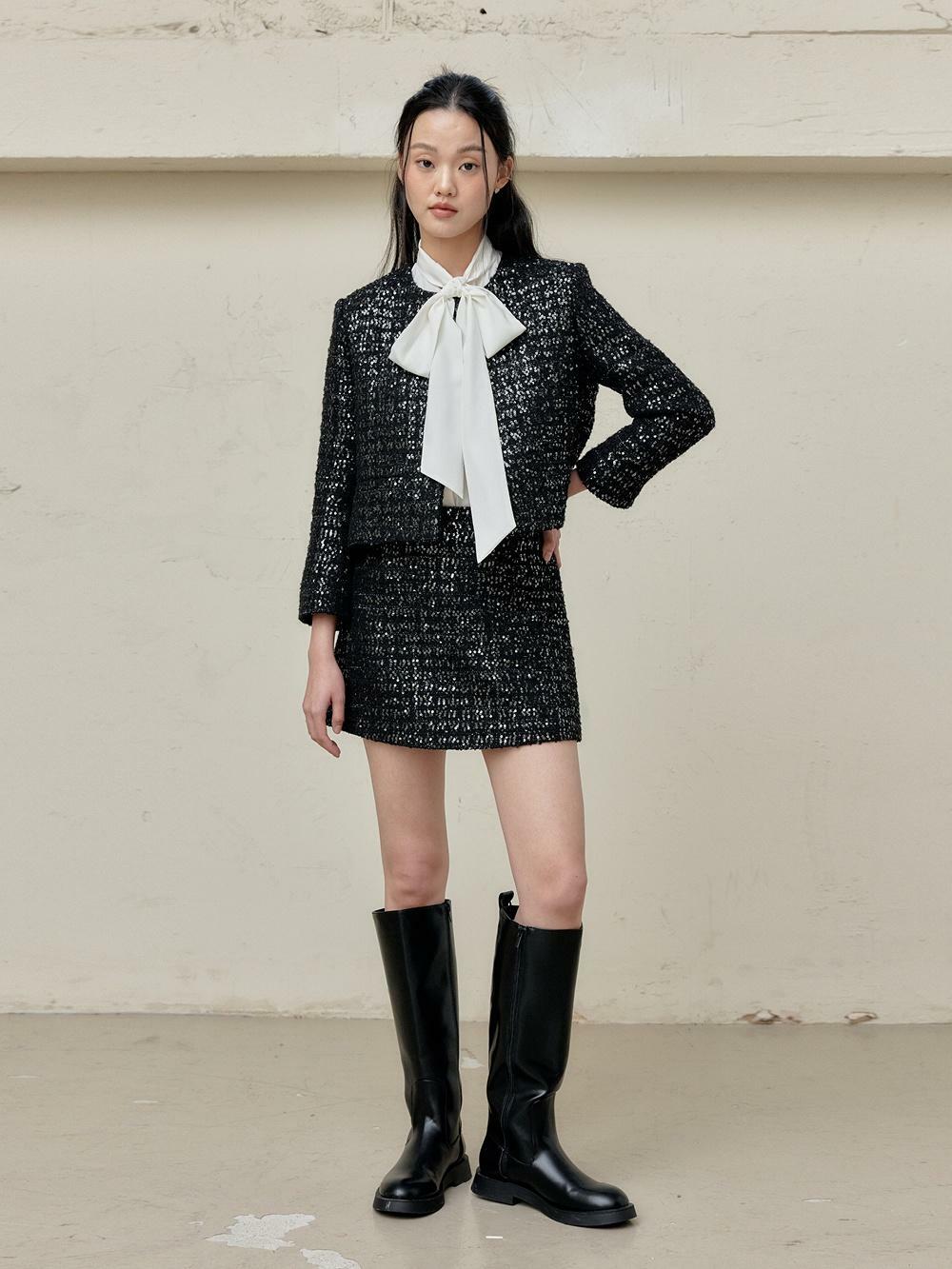 SPANGLE TWEED MINI SKIRT - BLACK - HAGO(하고)