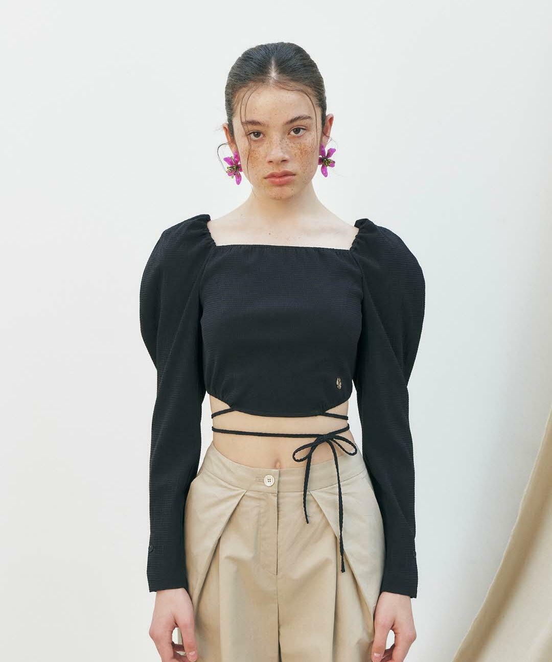 Square Neck String Blouse, Black - HAGO(하고)