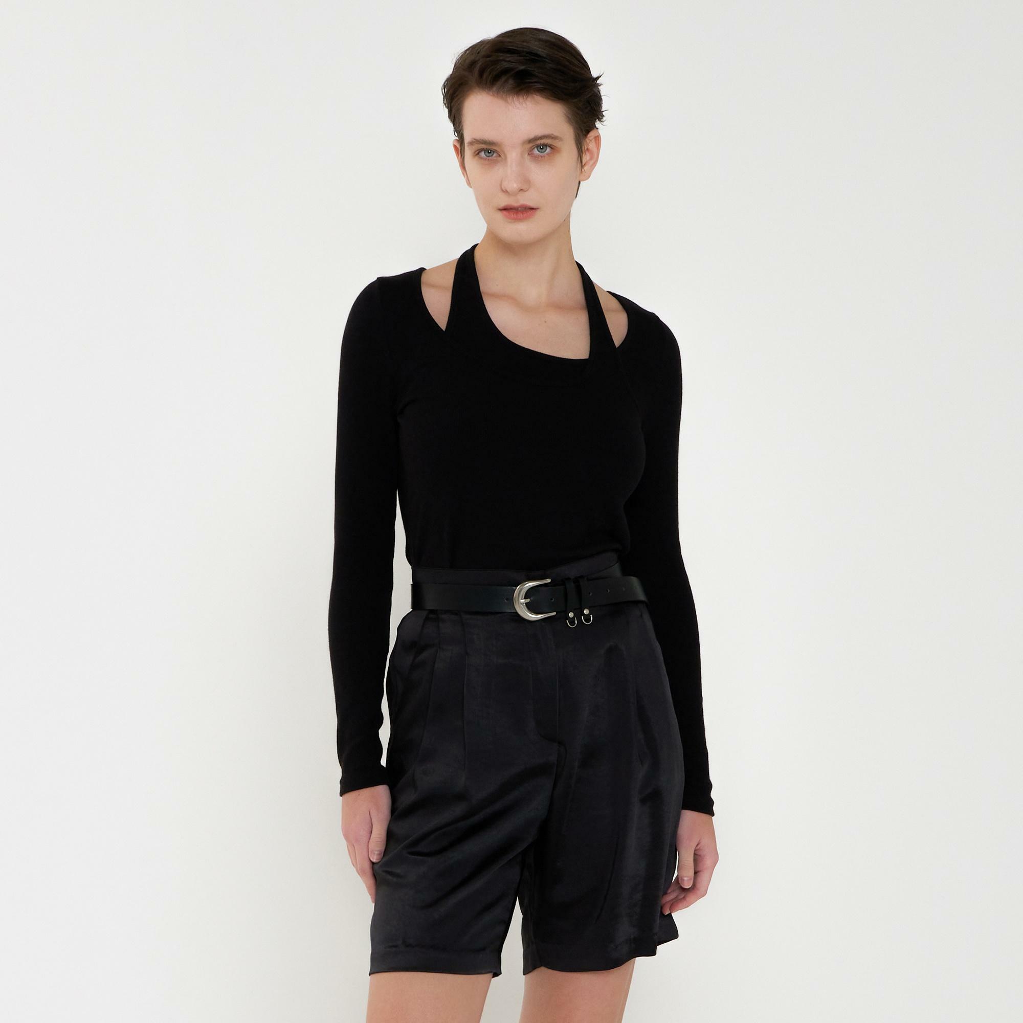 Halter neck String Layered Span Ribbed Tshirts Black - 하고(HAGO)