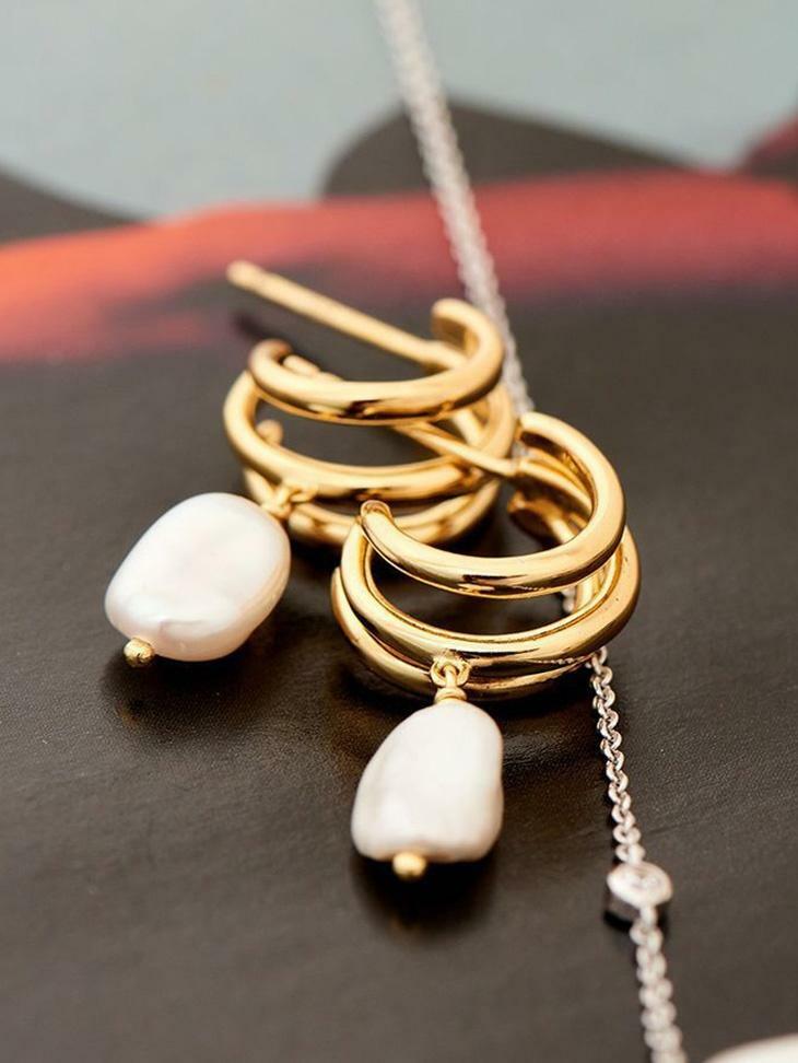 [아니아 하이에]천연원석 담수진주귀걸이 트리플라인 미니 링 925 실버 E019-04G - HAGO(하고)