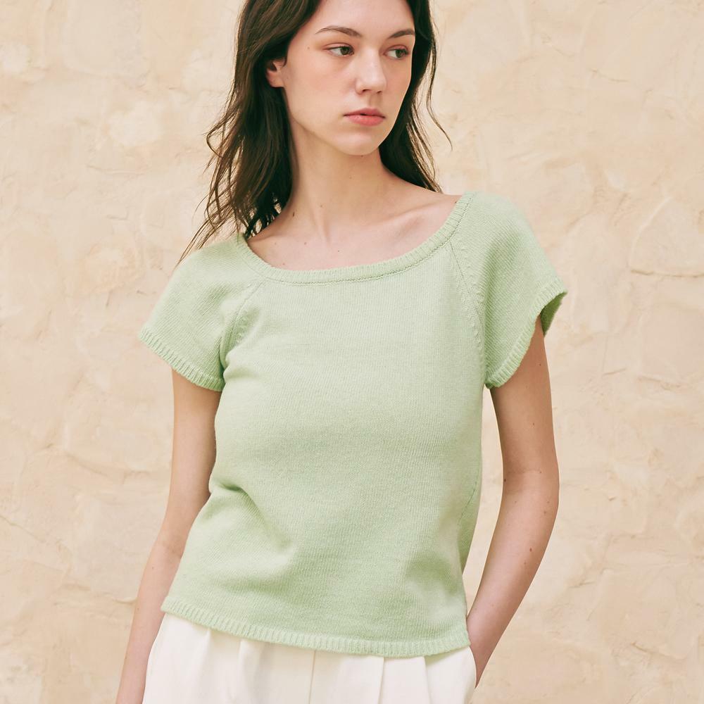 SQUARE ROUND NECK SHORT KNIT SOFT GREEN - HAGO(하고)