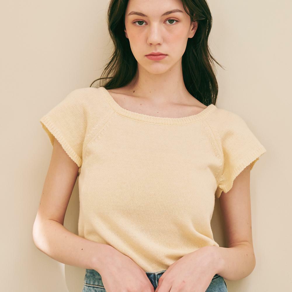 SQUARE ROUND NECK SHORT KNIT SOFT YELLOW - HAGO(하고)