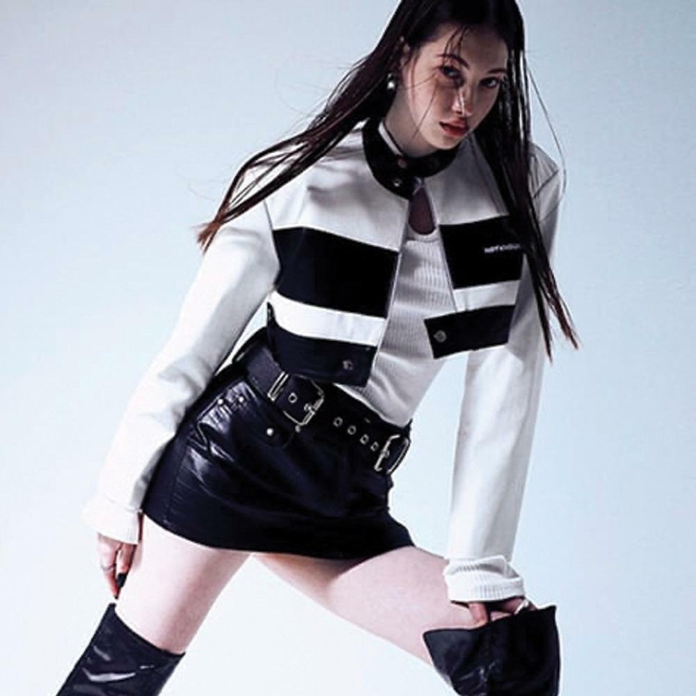 Crop Racing Leather Jacket (Black) - HAGO(하고)