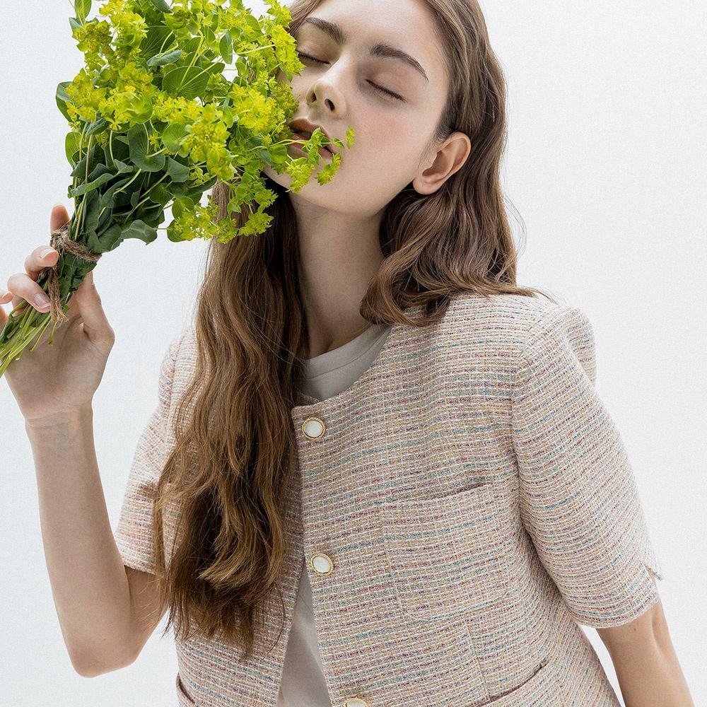 Floral tweed round neck jacket_coral pink - 하고