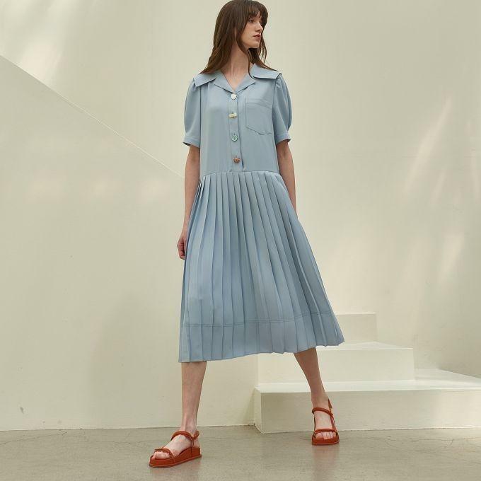 SAILOR STITCH PLEATS DRESS_L BLUE - 하고